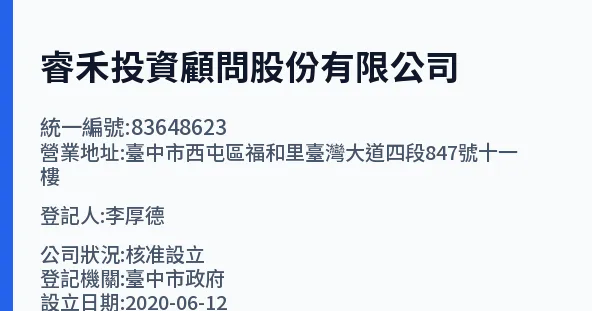 睿禾投資顧問股份有限公司的照片-統編 83648623(臺中市) 公司登記資料與營業項目詳細圖表