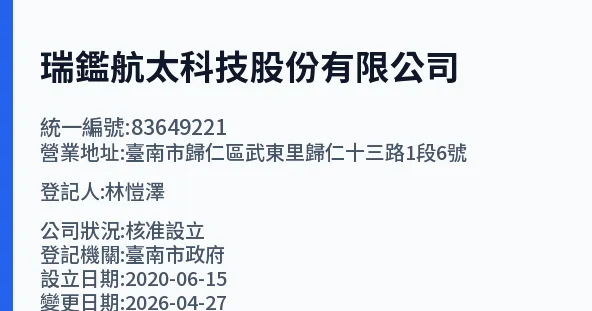 瑞鑑航太科技股份有限公司的照片-統編 83649221(臺南市) 公司登記資料與營業項目詳細圖表