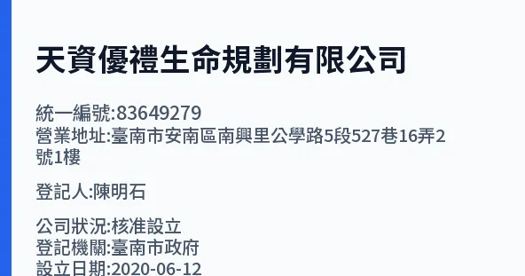 天資優禮生命規劃有限公司的照片-統編 83649279(臺南市) 公司登記資料與營業項目詳細圖表