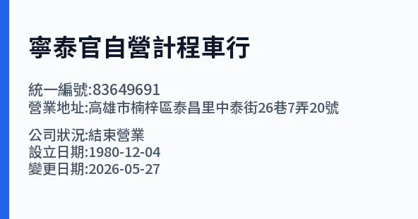 寧泰官自營計程車行的照片-統編 83649691(高雄市) 公司登記資料與營業項目詳細圖表