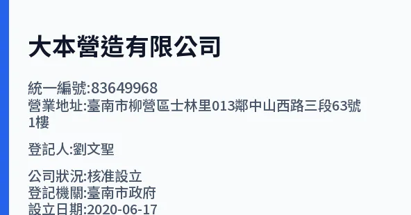 大本營造有限公司的照片-統編 83649968(臺南市) 公司登記資料與營業項目詳細圖表