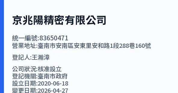 京兆陽精密有限公司的照片-統編 83650471(臺南市) 公司登記資料與營業項目詳細圖表