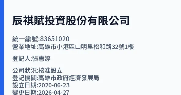 辰祺賦投資股份有限公司的照片-統編 83651020(高雄市) 公司登記資料與營業項目詳細圖表