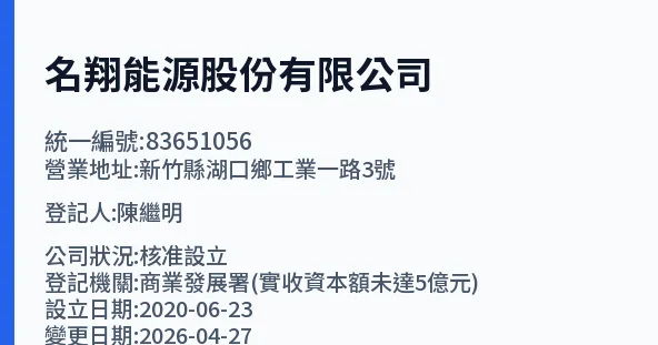 名翔能源股份有限公司的照片-統編 83651056(新竹縣) 公司登記資料與營業項目詳細圖表