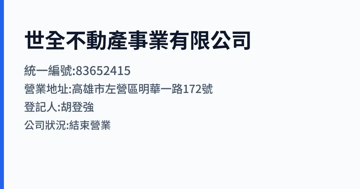 世全不動產事業有限公司 - 統編 83652415(高雄市) 公司登記資料與營業項目詳細圖表