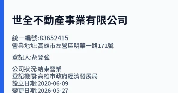 世全不動產事業有限公司的照片-統編 83652415(高雄市) 公司登記資料與營業項目詳細圖表