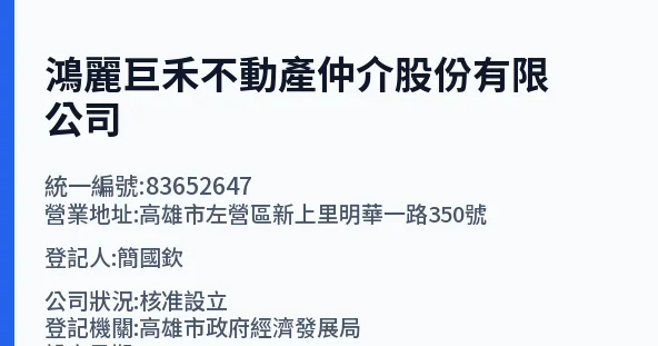 鴻麗巨禾不動產仲介股份有限公司的照片-統編 83652647(高雄市) 公司登記資料與營業項目詳細圖表
