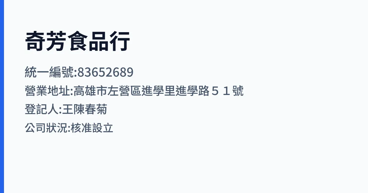 奇芳食品行 - 統編 83652689(高雄市) 公司登記資料與營業項目詳細圖表