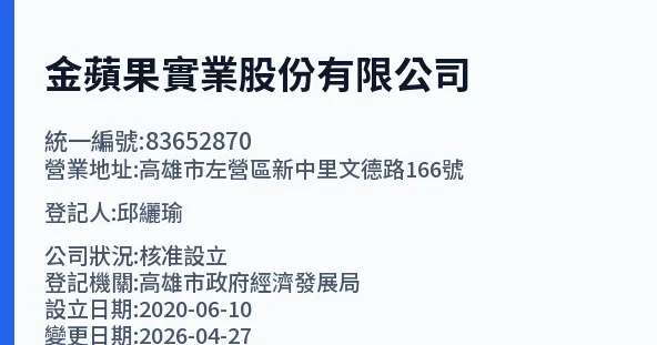 金蘋果實業股份有限公司的照片-統編 83652870(高雄市) 公司登記資料與營業項目詳細圖表