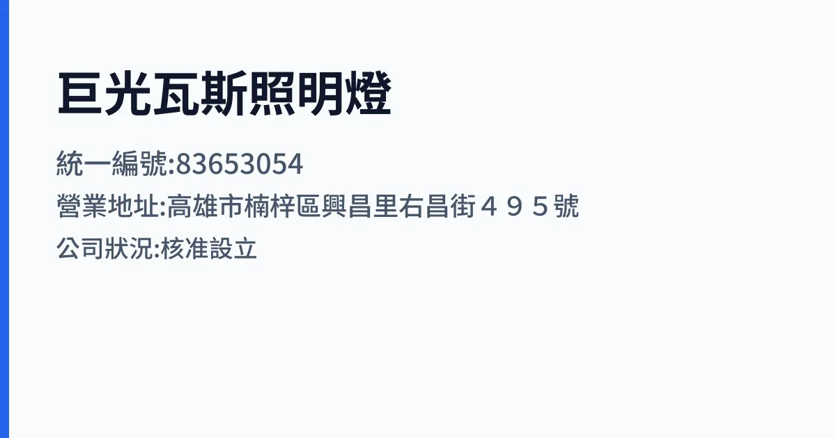 巨光瓦斯照明燈 - 統編 83653054(高雄市) 公司登記資料與營業項目詳細圖表