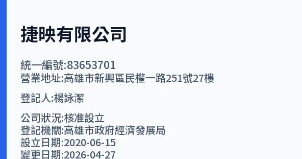 捷映有限公司的照片-統編 83653701(高雄市) 公司登記資料與營業項目詳細圖表