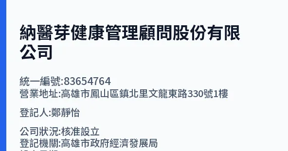 納醫芽健康管理顧問股份有限公司的照片-統編 83654764(高雄市) 公司登記資料與營業項目詳細圖表