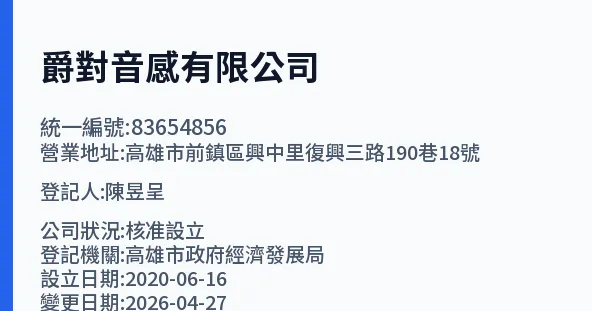 爵對音感有限公司的照片-統編 83654856(高雄市) 公司登記資料與營業項目詳細圖表
