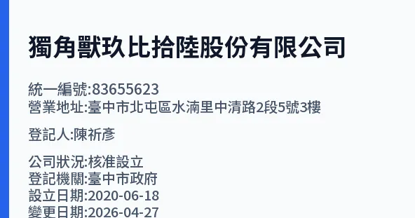 獨角獸玖比拾陸股份有限公司的照片-統編 83655623(臺中市) 公司登記資料與營業項目詳細圖表