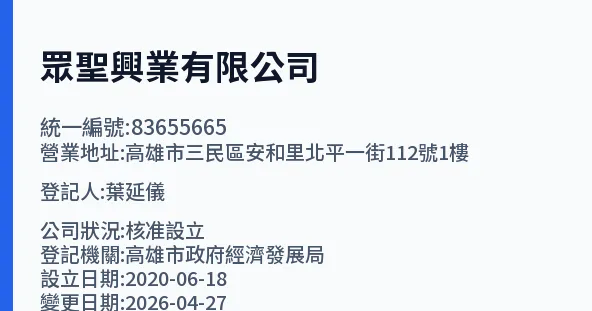 眾聖興業有限公司的照片-統編 83655665(高雄市) 公司登記資料與營業項目詳細圖表