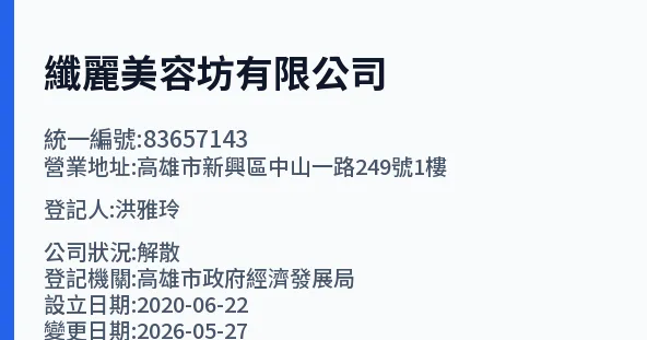 纖麗美容坊有限公司的照片-統編 83657143(高雄市) 公司登記資料與營業項目詳細圖表