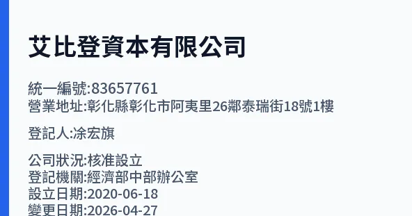 艾比登資本有限公司的照片-統編 83657761(彰化縣) 公司登記資料與營業項目詳細圖表
