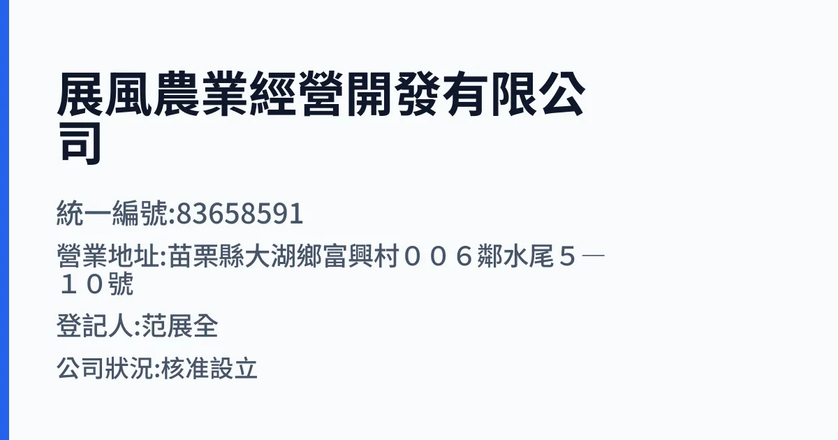 展風農業經營開發有限公司 - 統編 83658591(苗栗縣) 公司登記資料與營業項目詳細圖表