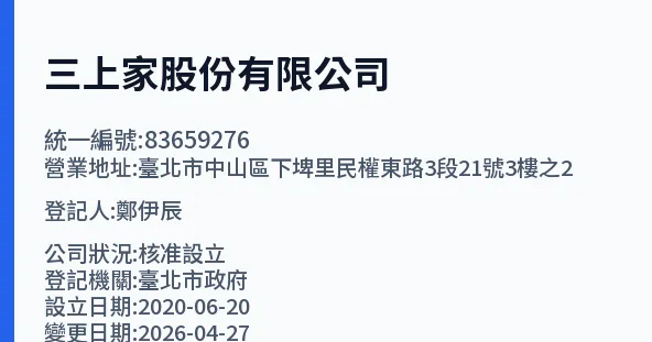 三上家股份有限公司的照片-統編 83659276(臺北市) 公司登記資料與營業項目詳細圖表