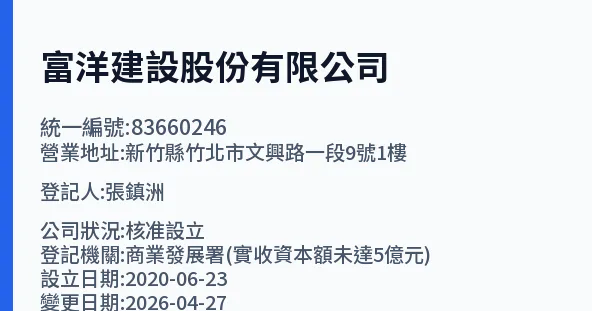 富洋建設股份有限公司的照片-統編 83660246(新竹縣) 公司登記資料與營業項目詳細圖表
