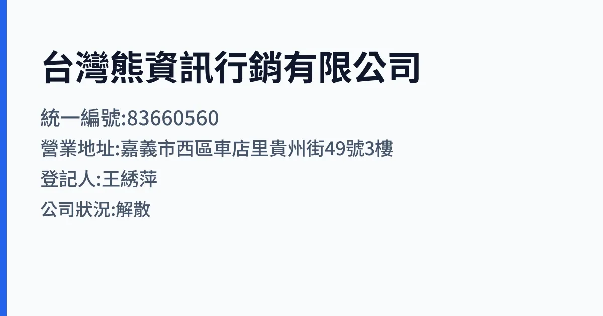 台灣熊資訊行銷有限公司 - 統編 83660560(嘉義市) 公司登記資料與營業項目詳細圖表