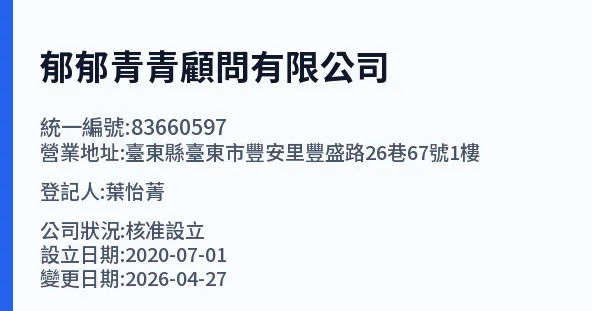 郁郁青青顧問有限公司的照片-統編 83660597(臺東縣) 公司登記資料與營業項目詳細圖表