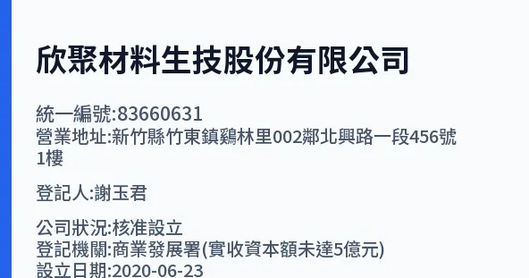 欣聚材料生技股份有限公司的照片-統編 83660631(新竹縣) 公司登記資料與營業項目詳細圖表