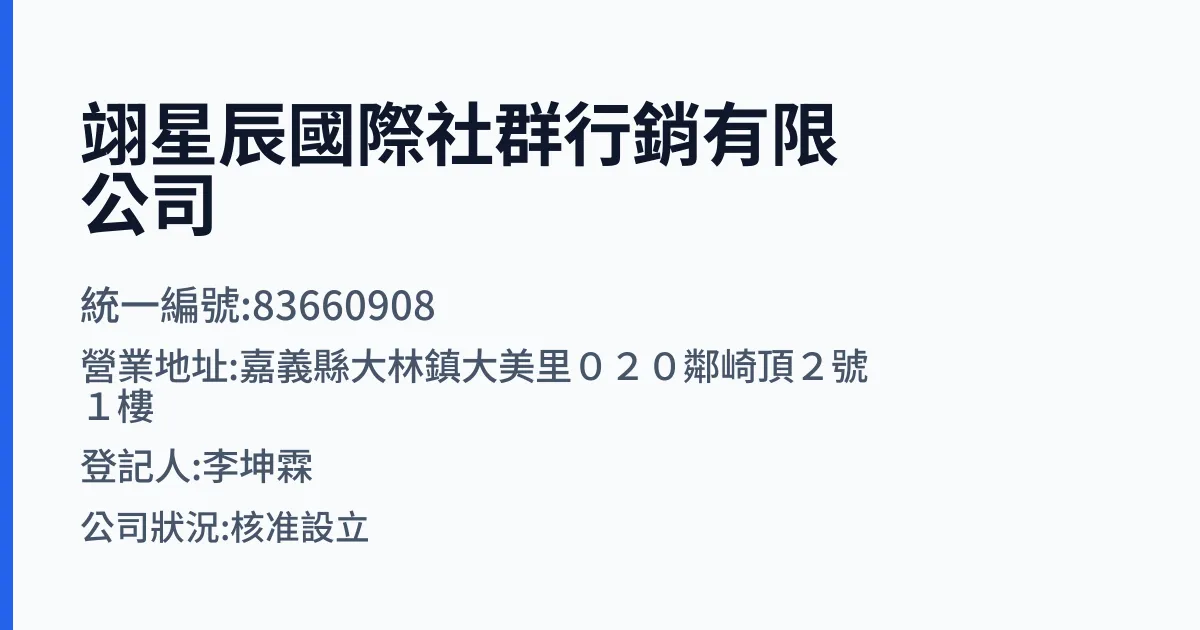 翊星辰國際社群行銷有限公司 - 統編 83660908（嘉義縣） 公司登記資料與營業項目詳細圖表