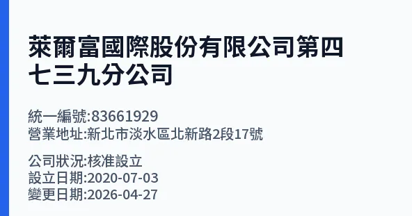 萊爾富國際股份有限公司第四七三九分公司的照片-統編 83661929(新北市) 公司登記資料與營業項目詳細圖表