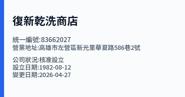 復新乾洗商店的照片-統編 83662027(高雄市) 公司登記資料與營業項目詳細圖表