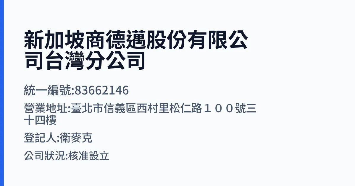 新加坡商德邁股份有限公司台灣分公司 - 統編 83662146(臺北市) 公司登記資料與營業項目詳細圖表