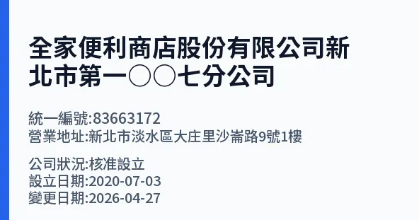 全家便利商店股份有限公司新北市第一○○七分公司的照片-統編 83663172(新北市) 公司登記資料與營業項目詳細圖表