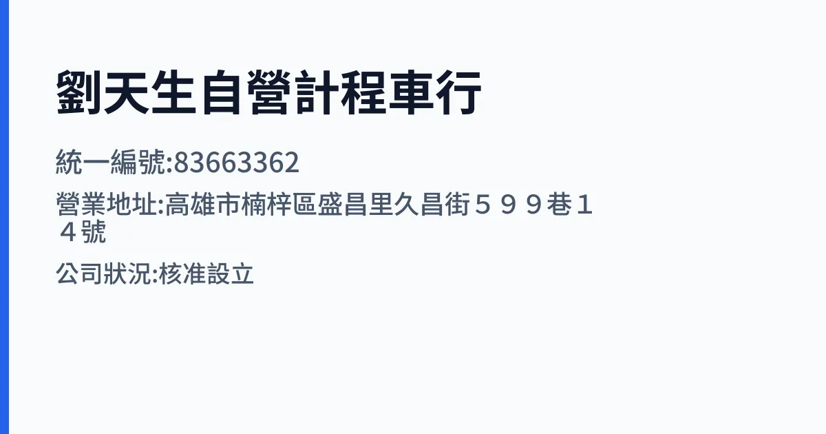 劉天生自營計程車行 - 統編 83663362(高雄市) 公司登記資料與營業項目詳細圖表