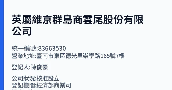 英屬維京群島商雲尾股份有限公司的照片-統編 83663530(臺南市) 公司登記資料與營業項目詳細圖表