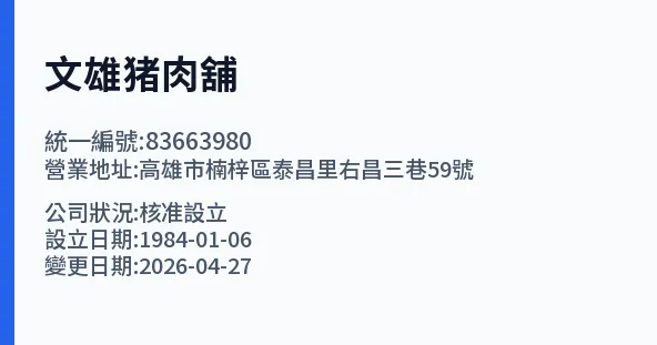 文雄猪肉舖的照片-統編 83663980(高雄市) 公司登記資料與營業項目詳細圖表