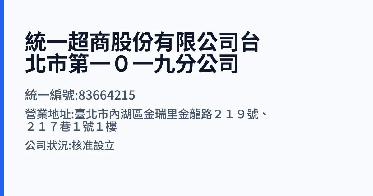統一超商股份有限公司台北市第一０一九分公司 - 統編 83664215(臺北市) 公司登記資料與營業項目詳細圖表