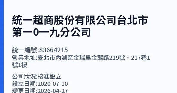 統一超商股份有限公司台北市第一0一九分公司的照片-統編 83664215(臺北市) 公司登記資料與營業項目詳細圖表