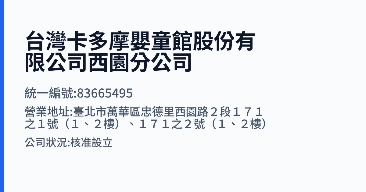 台灣卡多摩嬰童館股份有限公司西園分公司 - 統編 83665495(臺北市) 公司登記資料與營業項目詳細圖表