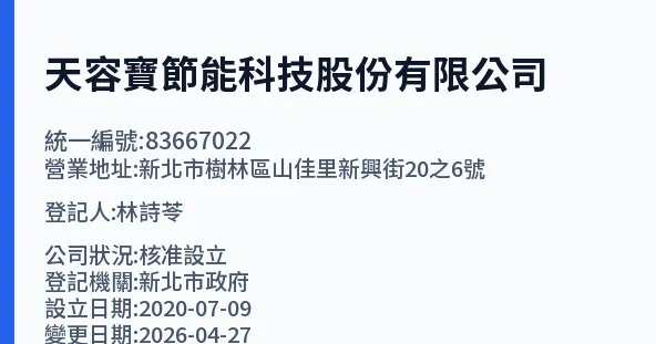 天容寶節能科技股份有限公司的照片-統編 83667022(新北市) 公司登記資料與營業項目詳細圖表