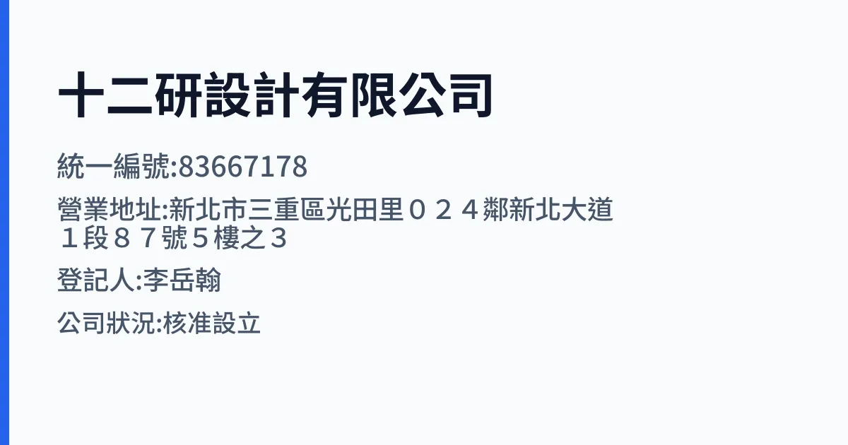 十二研設計有限公司 - 統編 83667178(新北市) 公司登記資料與營業項目詳細圖表