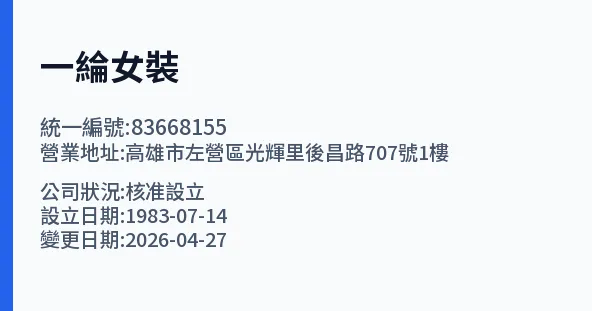 一綸女裝的照片-統編 83668155(高雄市) 公司登記資料與營業項目詳細圖表