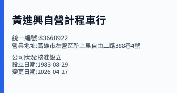 黃進興自營計程車行的照片-統編 83668922(高雄市) 公司登記資料與營業項目詳細圖表