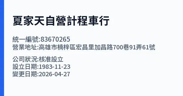 夏家天自營計程車行的照片-統編 83670265(高雄市) 公司登記資料與營業項目詳細圖表