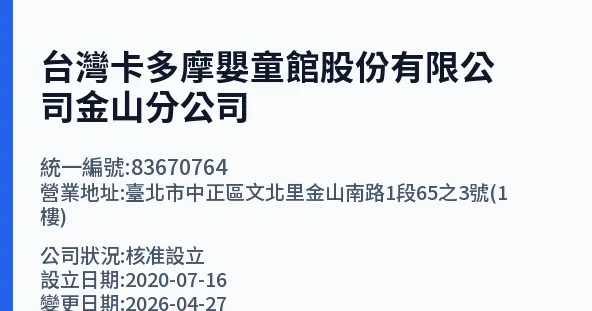 台灣卡多摩嬰童館股份有限公司金山分公司的照片-統編 83670764(臺北市) 公司登記資料與營業項目詳細圖表