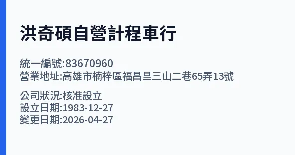 洪奇碩自營計程車行的照片-統編 83670960(高雄市) 公司登記資料與營業項目詳細圖表