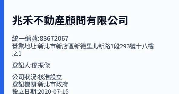 兆禾不動產顧問有限公司的照片-統編 83672067(新北市) 公司登記資料與營業項目詳細圖表