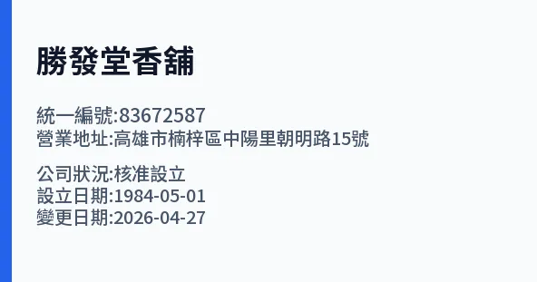 勝發堂香舖的照片-統編 83672587(高雄市) 公司登記資料與營業項目詳細圖表