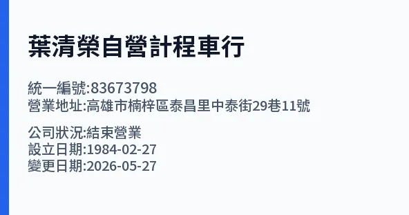 葉清榮自營計程車行的照片-統編 83673798(高雄市) 公司登記資料與營業項目詳細圖表