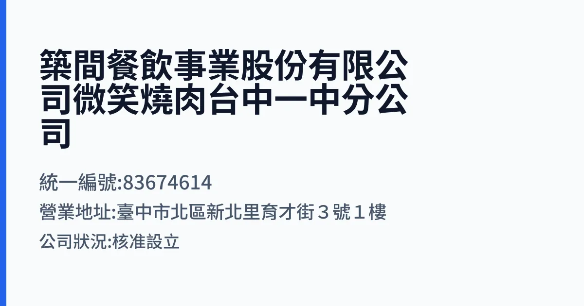築間餐飲事業股份有限公司微笑燒肉台中一中分公司 - 統編 83674614(臺中市) 公司登記資料與營業項目詳細圖表