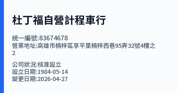 杜丁福自營計程車行的照片-統編 83674678(高雄市) 公司登記資料與營業項目詳細圖表